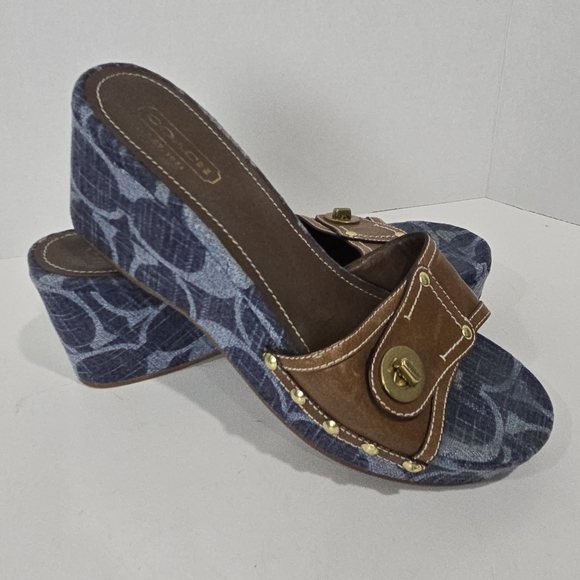 Coach | Shoes | Coach Denim And Brown Wedge Sandals | Poshmark